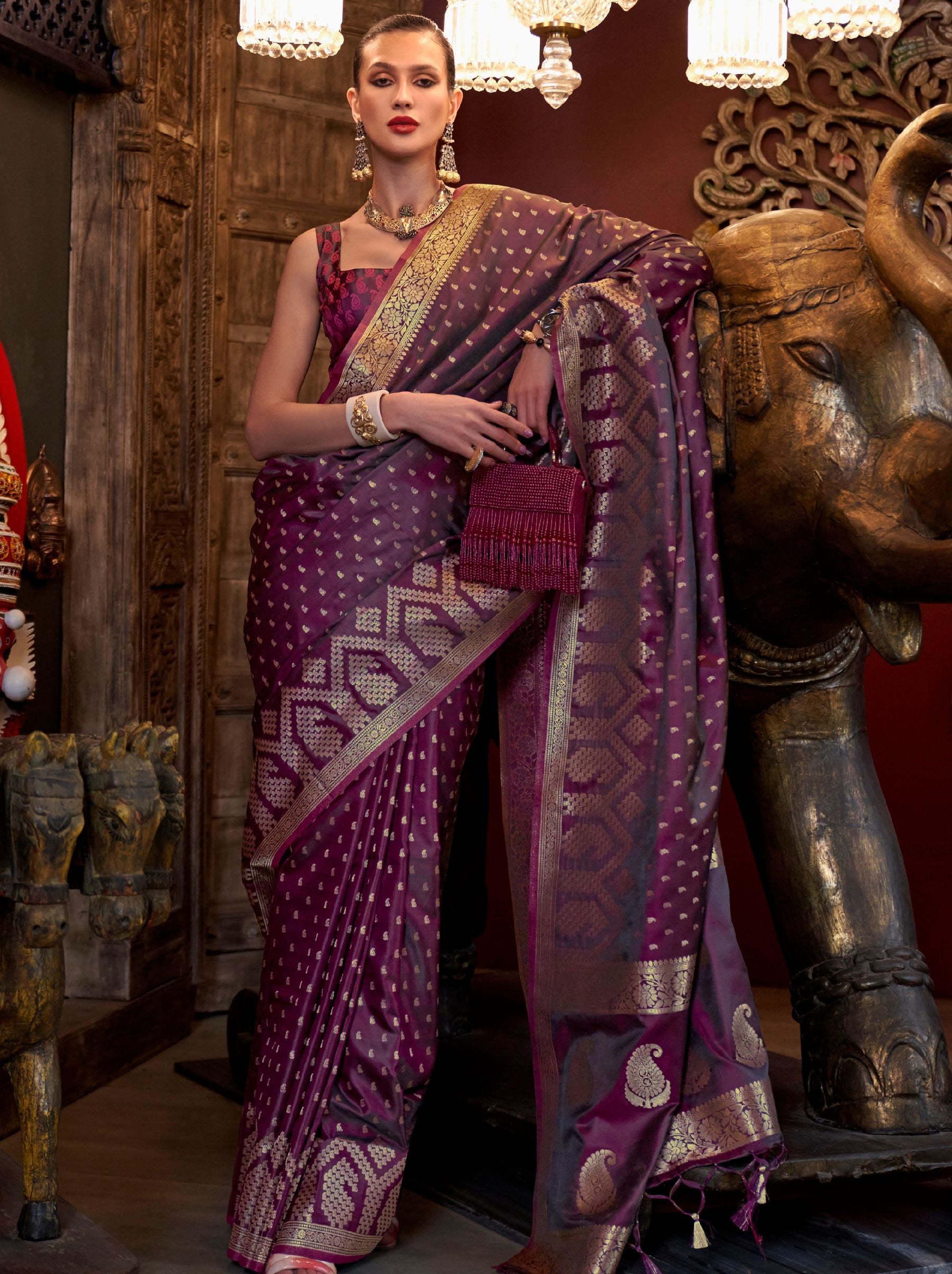 Byzantine Violet-Purple Handwoven Satin Silk Designer Saree